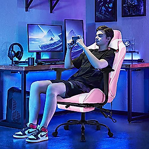 Gaming Chair Massage Office Chair PC Computer Chair Ergonomic Video Game Chairs PU Leather Recliner with Lumbar Support Headrest Armrest Footrest Rolling Swivel Desk Chair for Adults Teen, Pink