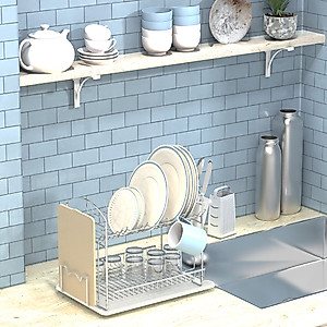 Simple Houseware 2-Tier Dish Rack with Drainboard, Chrome