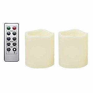 2 Waterproof Outdoor Battery Operated Flameless LED Pillar Candles with Remote Flickering Plastic Electric Decorative Light Set for Home Décor Garden Patio Decoration Party Wedding Supplies 3x3 Inches