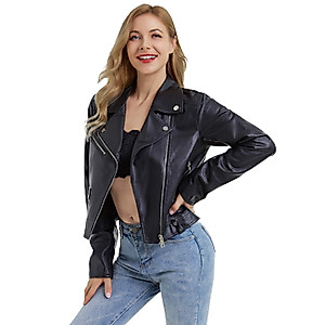 DIASHINY Black Cropped Faux Leather Jacket For Women PU Slim Zip Up Moto Biker Coat Motorcycle Crop Short Jacket 013 Medium