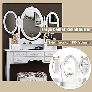 CHARMAID Vanity Set with Tri-Folding Mirror and Cushioned Stool, Dressing Table with 7 Drawers and a Shelf, Antique Makeup Table with Removable Top, Vintage Makeup Vanity Set for Women Girls (White)