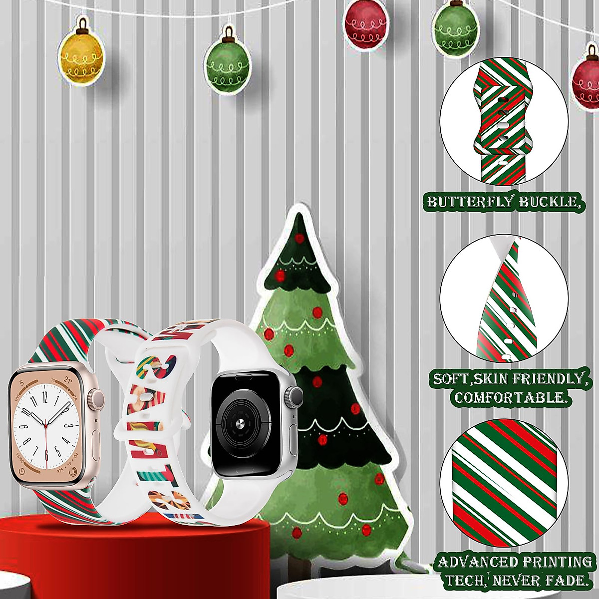 Christmas Band Compatible Apple Watch Winter Strap 38mm 40mm 41mm Women 3 Packs,Blingbrione Printed Silicone Merry Xmas Tree Snowflake for iphone Watch Series Ultra 9 8 7 SE 6 5 4 3 2 1 Girl 3 Sets