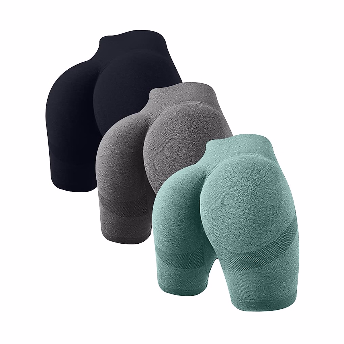 OQQ Women's 3 Piece Butt Lifting Yoga Workout High Waist Tummy Control Ruched Booty Pants Shorts, Black Grey Darkgreen, Large