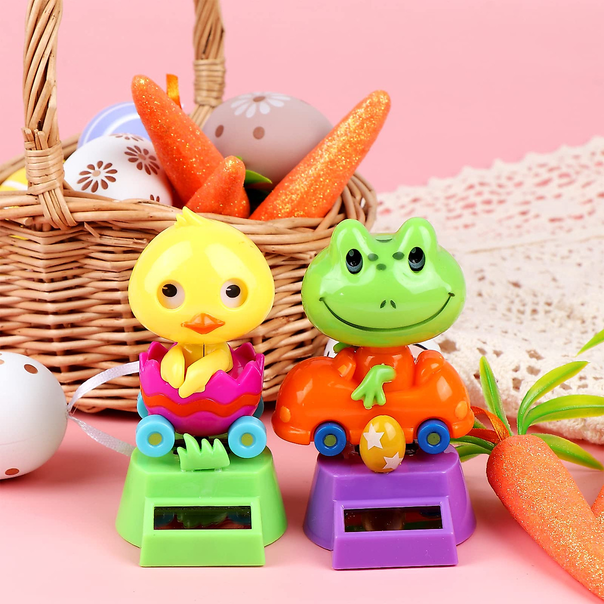 2 PCS Easter Chick Frog Solar Ornaments Easter Ornaments Solar Dancing Toys Solar Bobblehead Solar Dancing Figures Solar Bobble Dancing Toys for Window Desk Car Home Party Decoration Gift