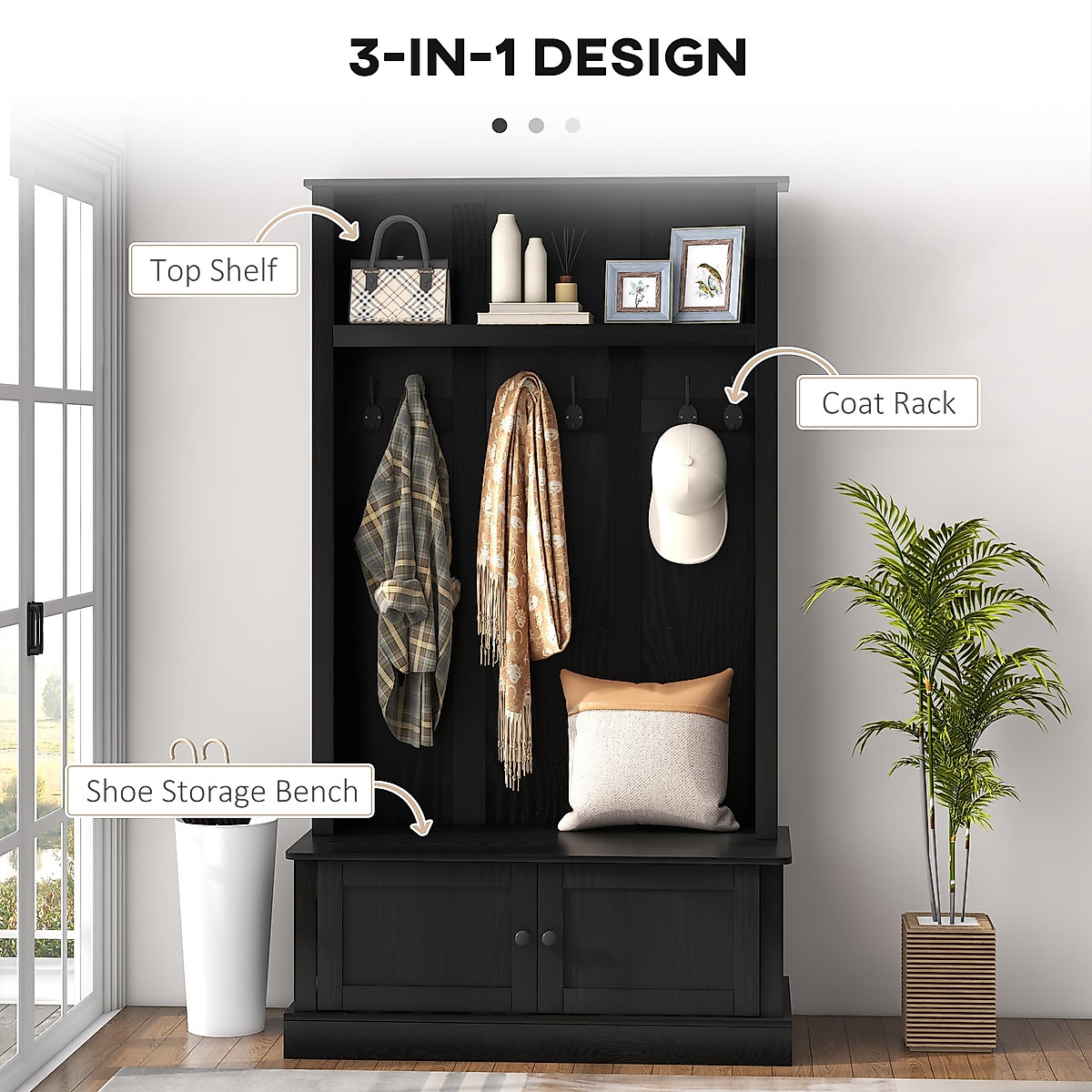 HOMCOM Entryway Bench with Storage and Hooks, Hall Tree with Coat Rack, Bench and Shoe Storage, Cabinet and Shelf, Mudroom Bench for Hallway, Black