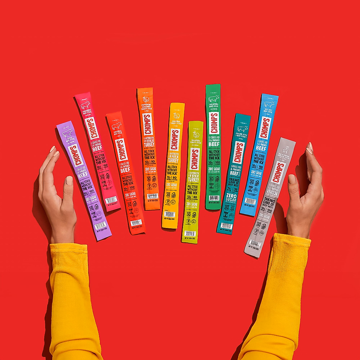 Chomps Grass-Fed and Finished Jalapeño Beef Jerky Snack Sticks 10-Pack - Keto, Paleo, Whole30, 10g Lean Meat Protein, Gluten-Free, Zero Sugar Food, Non-GMO