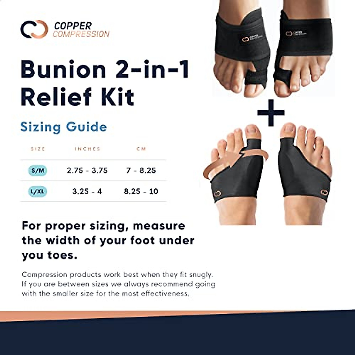 Copper Compression Bunion Relief Kit - Includes 1 Pair Each of Bunion Corrector Cushion Sleeves & Bunion Corrector Toe Splints - Pads & Straightens Bunions, Feet for Men & Women - Small/Medium