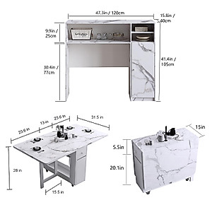 FUNROLUX Folding Dining Table and Sideboard Cabinet Set, Movable Kitchen Table and Buffet Cabinet with Storage Space for Dining Room, Living Room (White)