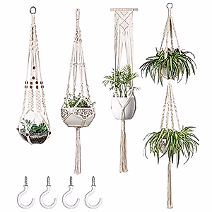 Mkono Macrame Plant Hangers Set of 4 Indoor Hanging Planter Basket Wall Decorative Flower Pot Holder with 4 Hooks for Indoor Outdoor Home Decor Gift Box, Ivory