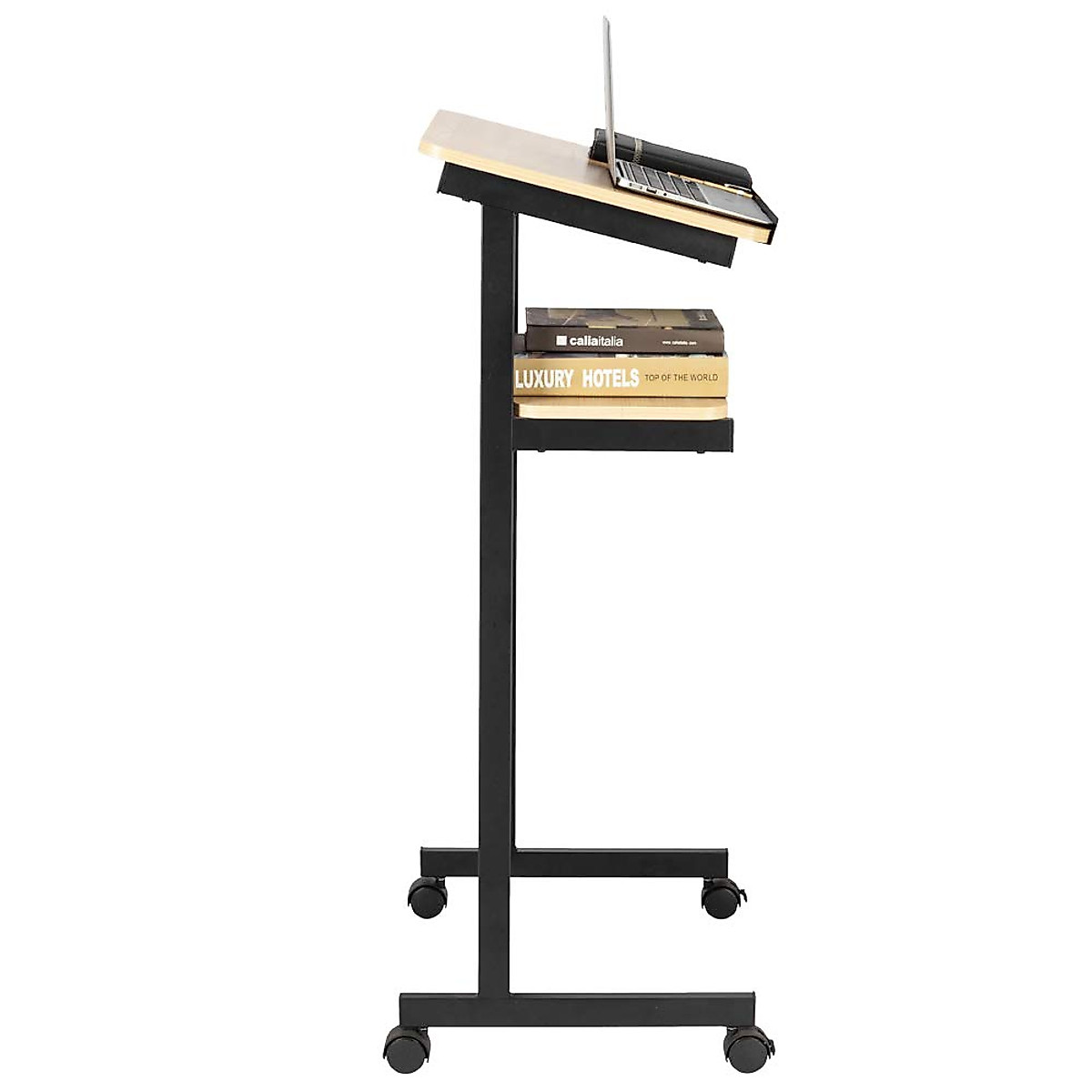 Bonnlo Mobile Wheeled Lectern Standing Podium, Portable Lecture Speech Teach Platform for Classroom Church or Ceremony, Multi-Function Reading or Laptop Desk, Table w/Tilted Top Board & Edge Stopper