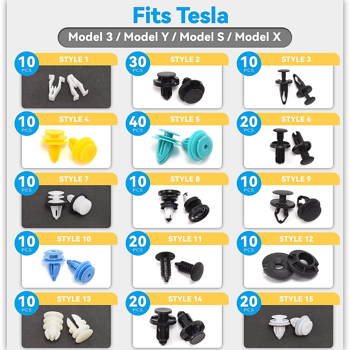 Niteguy 245Pcs Tesla Bumper Fender Liner Push Retainer Fastener Rivet Clips,15 Sizes Auto Plastic Push Rivets Set with Fastener Remover for Tesla Body Interior and Exterior Retainer Fastener Clip