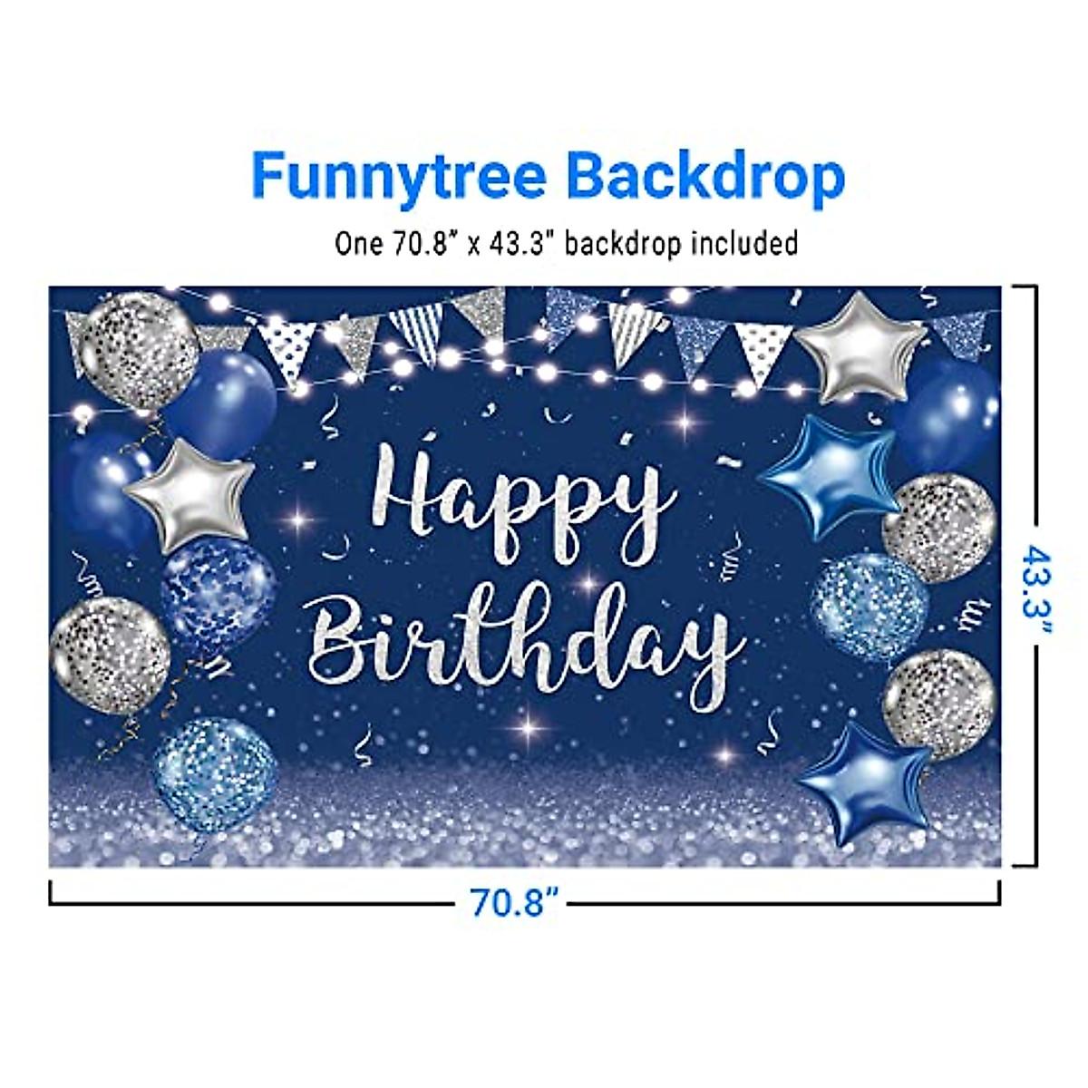 Funnytree Navy Blue Happy Birthday Party Backdrop Silver Glitter Balloons Background Boy Men Women Bday Event Favors Supplies Decoration Flag Background Selfie Photo Booth