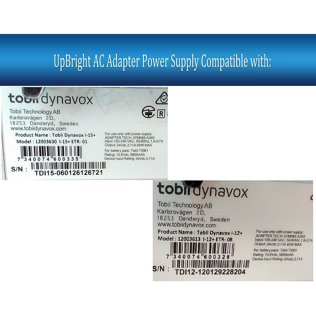 UpBright 24V AC/DC Adapter Compatible with Tobii Dynavox i-15+ i-12+ 12002017 12003630 I15 ETR01 12003613 I12 ETR-08 Eye Tracker Speech AAC Device Adp Tech ATM065-A240 24Vdc 2.71A Power Supply Charger