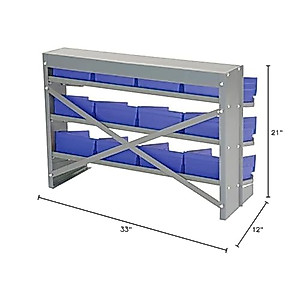 Global Industrial 3 Shelf Bench Rack, (12) 8" W Blue Bins, 33x12x21