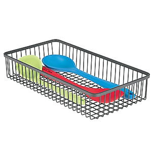 mDesign Metal Farmhouse Kitchen Cabinet Drawer Organizer Tray - Storage Basket for Cutlery, Serving Spoons, Cooking Utensils, Gadgets - 12.1" Long, 2 Pack - Graphite Gray