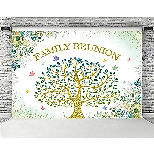 Wollmix Family Reunion Decorations Backdrop Banner Family Tree Leaves Members Welcome Signs Photography Background Gathering Gold and Green Supplies Photo Banner Booth Props 5x3ft