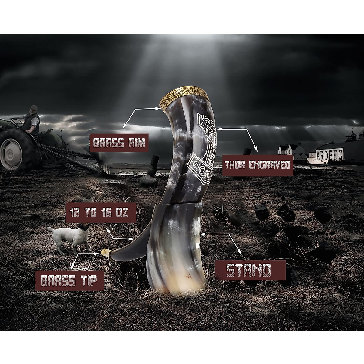 Genuine 12" Ox-Horn Viking Drinking Horn with Horn Stand, Thor Engraved Viking's Drink Cup - Food Safe Medieval Norse Style Horn