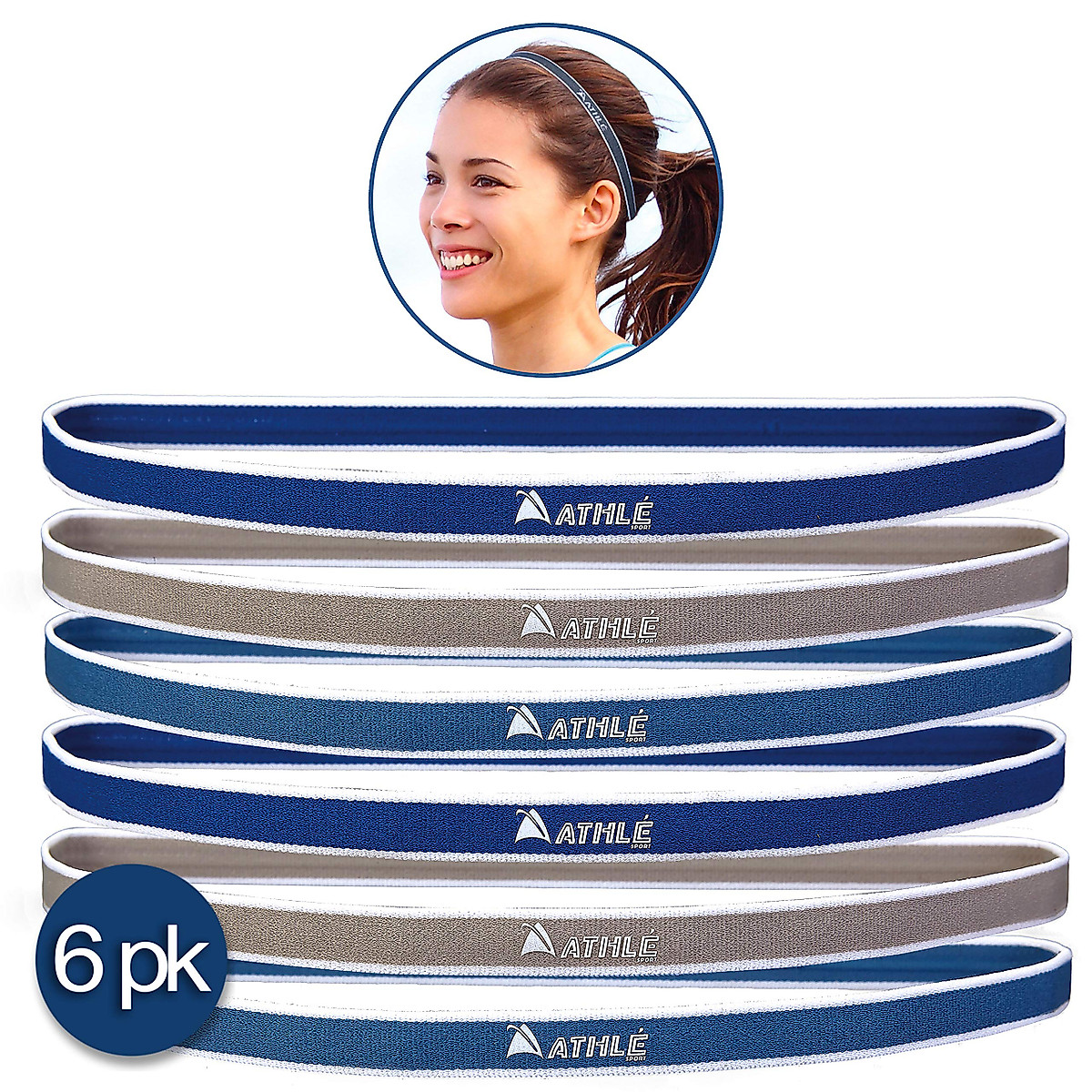 Athlé Skinny Headbands for Women and Men - 6 Pack - Elastic Headbands for Women and Men - Non Slip Silicone Grip - Lightweight and Comfortable Thin Headbands - Blue, Grey