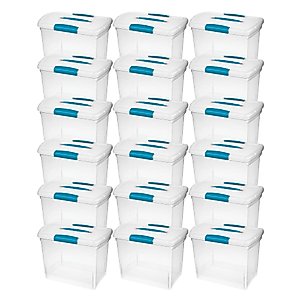 Sterilite Large Nesting ShowOffs, Stackable Small Storage Bin with Latching Lid and Handle, Plastic Container to Organize Office Files, Clear, 18-Pack