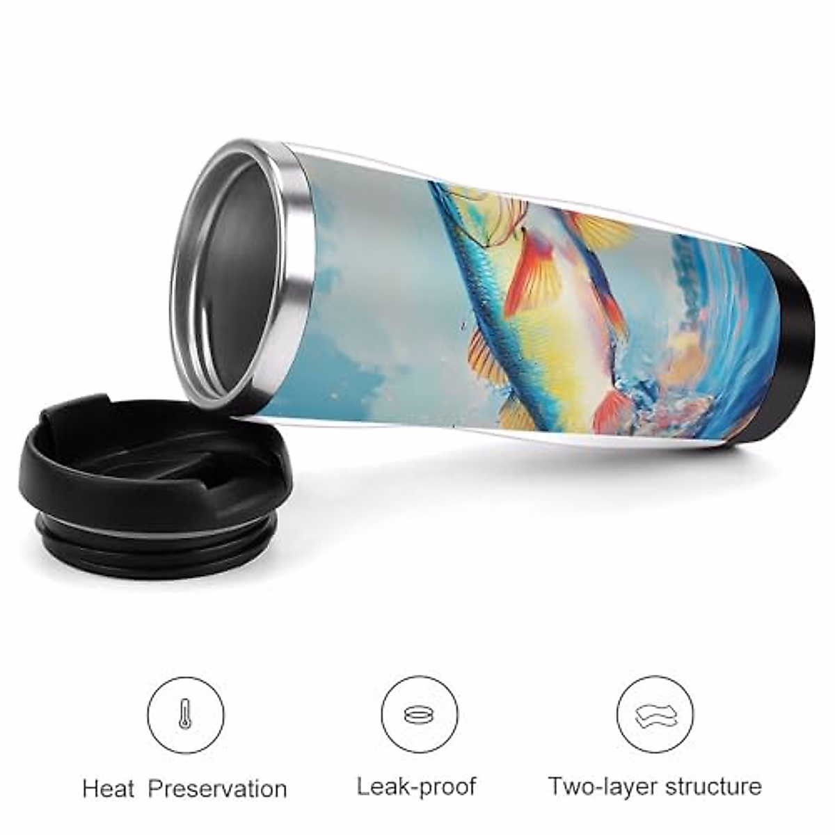 Bass Fishing Art Travel Coffee Mug Reusable Insulated Drinking Cup with Lid for Home Outdoor Works 13 Oz