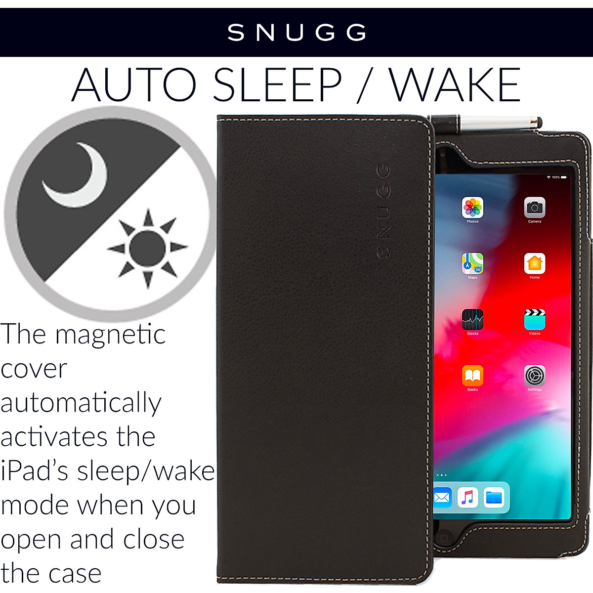 Snugg iPad 9.7 (2018/2017) & iPad Air Case, Black Leather Smart Case Cover Apple iPad Air and New iPad 2017 9.7" Protective Flip Stand Cover with Auto Wake/Sleep