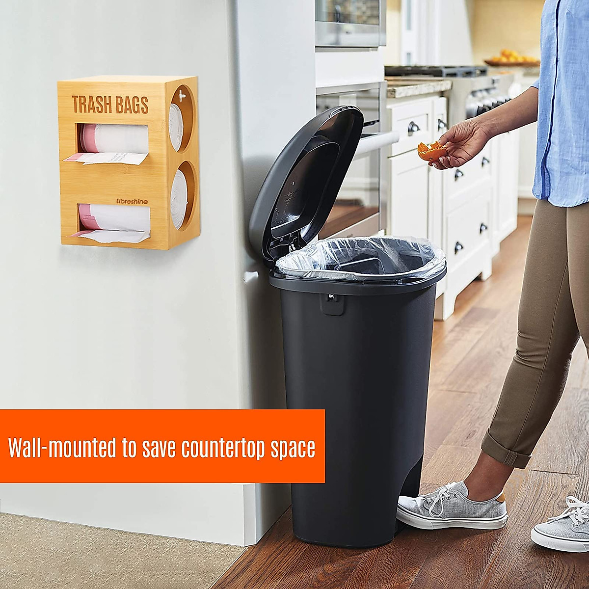 Libreshine 2 in 1 Trash Bag Dispenser Roll Holder 13 Gallon, Garbage Bag Storage Dispenser, Trash Bag Organizer Under Sink, Wall Mount Bamboo Garbage Bag Organizer for 2 Rolls of Plastic Bags