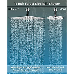 Hibbent All Metal Rain Shower Head, High Pressure 16 Inch Large Rainfall Showerhead, Stainless Steel Square Bathroom Shower Head with Adjustable Brass Ball Joint, Self-cleaning Silicon Nozzle, Chrome
