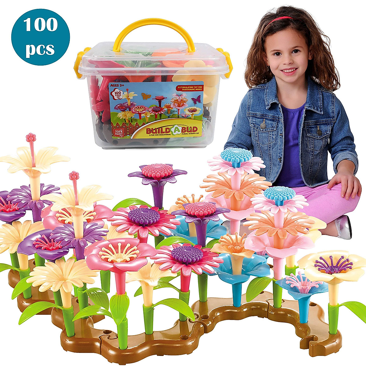 Play 2 Grow Flower Garden Building Blocks Pretend Gardening Floral Bouquet 100 Piece Educational Creativity Playset Toy for Toddlers, Kids, and Girls
