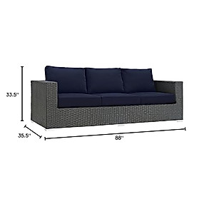 Modway Sojourn Wicker Rattan Outdoor Patio Sunbrella Fabric Sofa in Canvas Navy