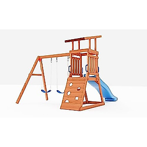 Dolphin Playground Wooden Swing Sets for Backyard with 6FT Slide, Outdoor Playset for Kids with Sand Pit, Climbing Wall, and 2 Belt Swings, Heavy Duty Playground Accessories, Ages 2-9