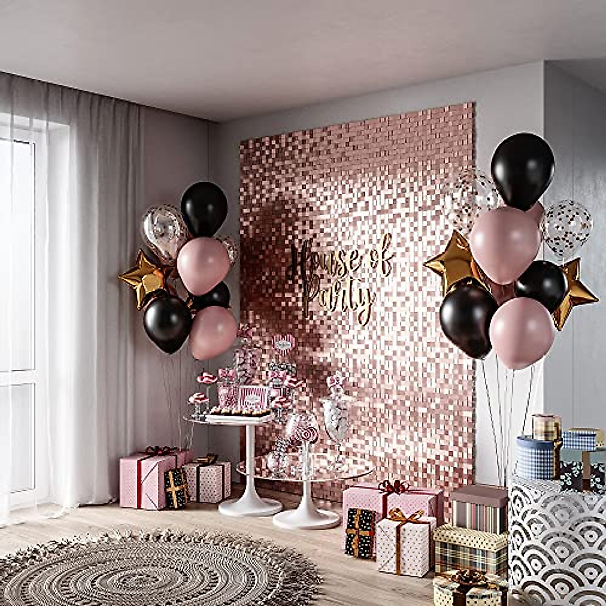 HOUSE OF PARTY Rose Gold Shimmer Wall Backdrop Panels - 24 Pcs Square Sequin Backdrop, Shimmer Backdrop for Birthday Decorations, Wedding, Bridal Shower & Bachelorette Party Supplies