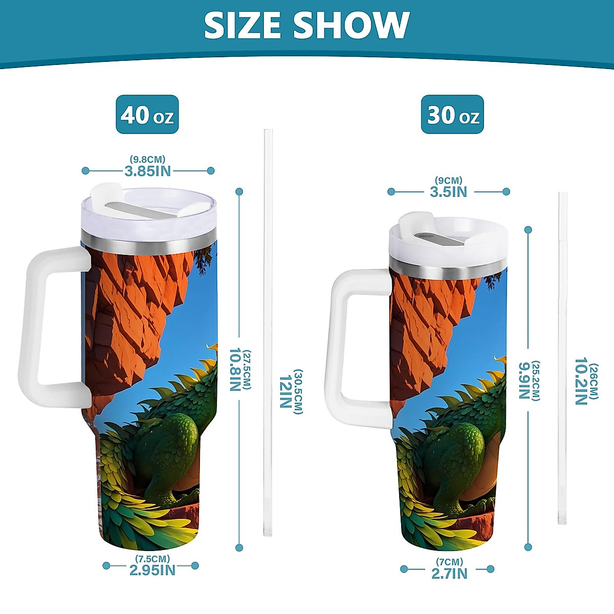 Nexawaveo Cold Cup Dragon under Sky XL Insulated Tumbler with Handle Lid Straw 30-40 oz Reusable Cupholder Friendly Water Bottle