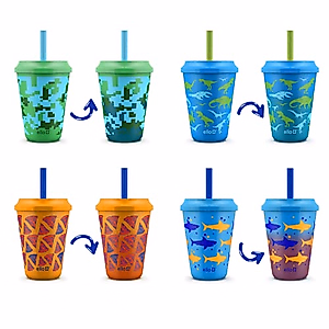 Ello Kids Plastic Reusable Color Changing Cups with Twist on Splash-Proof Lids and Straw, BPA Free, Dishwasher Safe, 12oz, Rainforest, 4 Pack