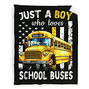 Boys Blanket Gifts, School Bus Throw Blankets for Kids Teens, 40x50 Inches Cute Throws for Truck Lovers - Black Soft Fuzzy Car Blankets for Sofa Couch Bed