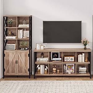 FATORRI Bookcase with Doors, Rustic Tall Bookshelf with Cabinet, Industrial Farmhouse Book Shelf and 6 Cube Organizer Book case for Living Room (Rustic Oak, 67 Inch)