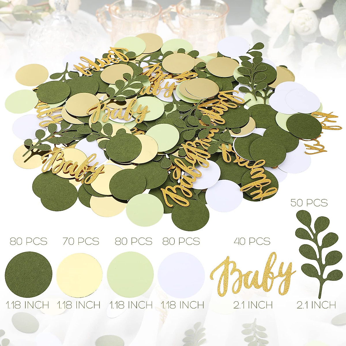 400 Pcs Greenery Baby Shower Confetti Scatter Decorations, Green Brown White Table Confetti Dots with Eucalyptus and Gold Baby Confetti Scatter for Baby Shower Gender Reveal Decor