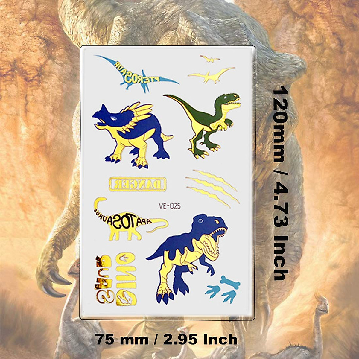 Ooopsiun Glitter Dinosaur Temporary Tattoos for Kids - 70 Gold Glitter Styles, Dinosaur Birthday Party Decorations Supplies Favors for Boys Kids