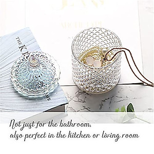 MengCat Cotton Ball and Swab Holder Organizer,Clear Glass Bathroom Vanity Countertop Canister Jars with Lid, Apothecary Jars Qtip Holder Makeup Organizer for Pads,Bath Salts 8.8OZ Set of 2