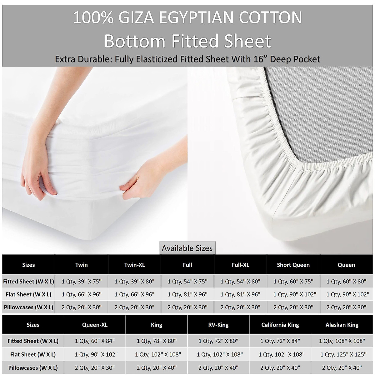 Femini Fashion My Egyptian Giza Cotton Sheets King Size, 16 Inches Extra Deep Pocket, 100% Giza Long-Staple Giza Cotton Bedsheet Soft Breathable Dream Sheets - Light Grey