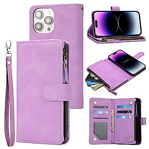 RANYOK Wallet Case for iPhone 14 Pro Max (6.7 inch) with Card Holder, Premium PU Leather with RFID Blocking Zipper Flip Folio Wallet Wrist Strap Magnetic Clasp Kickstand Protective Case-Purple