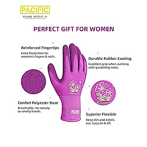 PACIFIC PPE 3 Pairs Gardening Gloves for women and Ladies, Rubber Coated Garden Gloves, Outdoor Protective Work Gloves, Medium Size fits Most, Purple & Yellow & Red