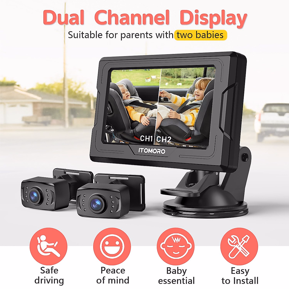 Itomoro Baby Car Camera HD 1080P Dual-Channel Display Car Baby Camera with 2 IR Night Vision Camera, Easily Install 4.3'' Car Camera for Baby with Crystal Clear Wide View for Rear Facing Seat