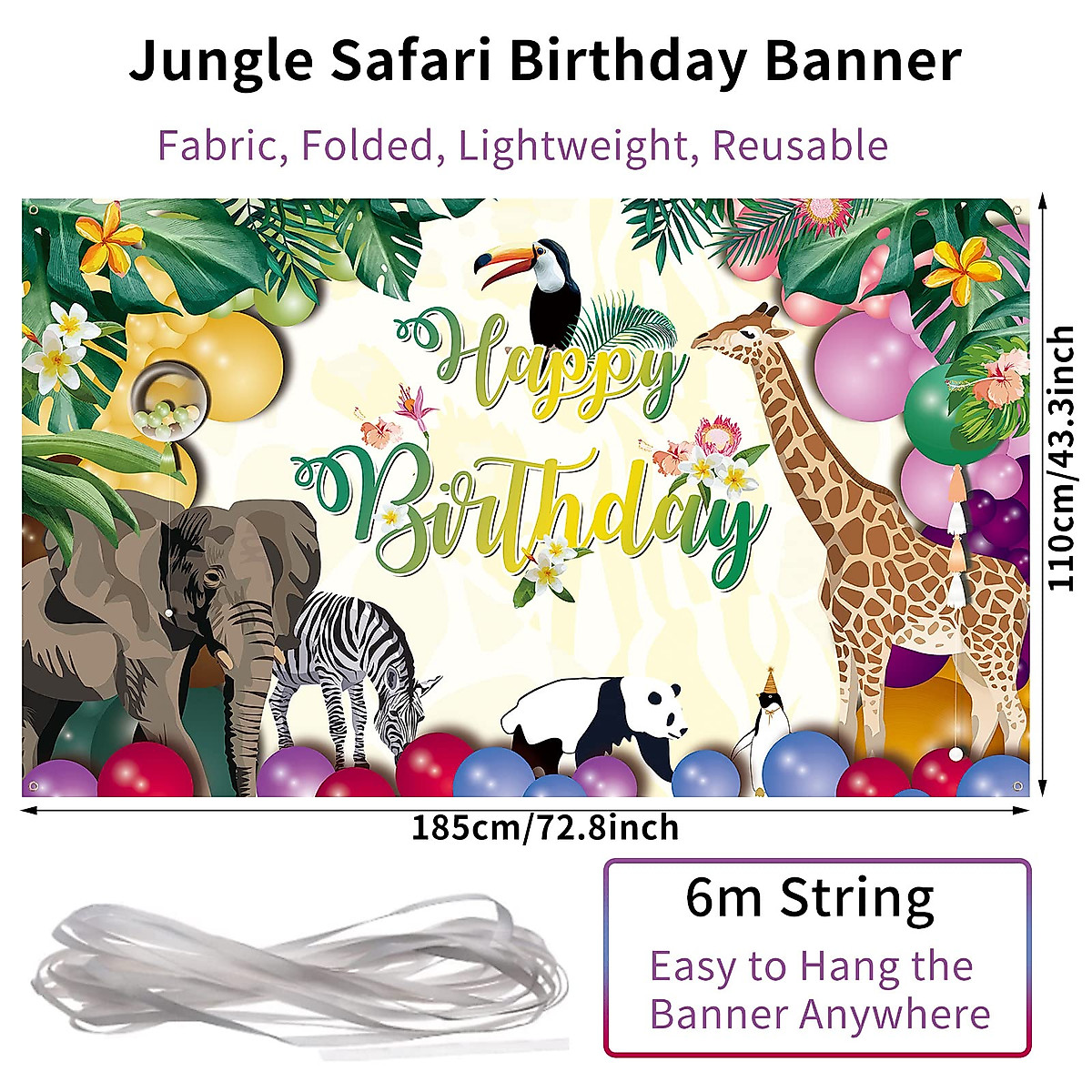 Happy Birthday Banner for Jungle Safari Theme Birthday Party Decorations, Fabric Animal Zoo Theme Birthday Party Backdrop Tropical Forest Poster for Boys Girls Birthday Party Wall Supplies, 185*110cm