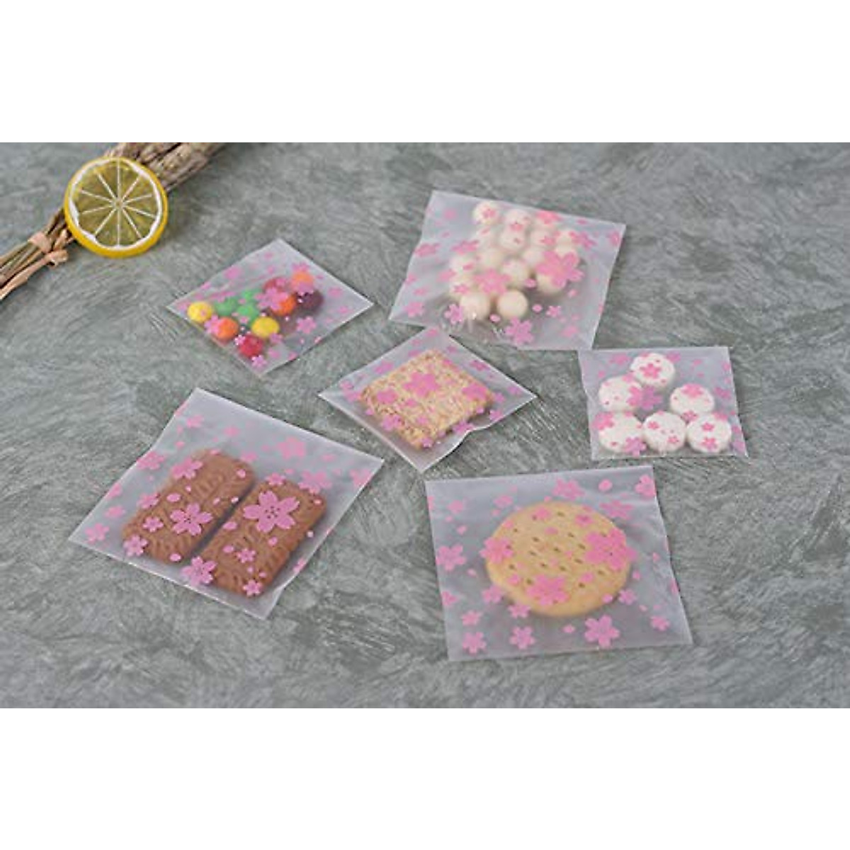 NF Orange 200 Pieces Self Adhesive Cookie Bags Candy Bags Party Favor Bags Treat Bags gift bag (Cherry blossoms)