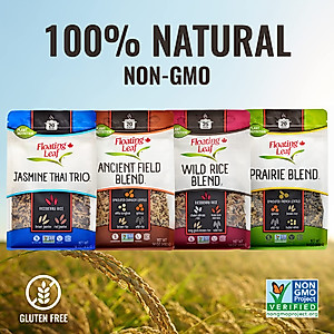 4 Packs x 14 ounces Rice Variety Pack Includes Jasmine Thai Rice Trio, Wild Rice Blend, Prairie Blend and Ancient Field Blend, Non Gluten, Non-Gmo, Kosher and Vegan - Floating Leaf