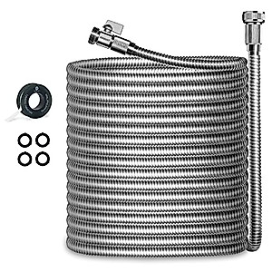 Morvat Heavy Duty 150 Foot Stainless Steel Garden Hose with All Brass Shut-Off Valve, Kink and Tangle Free, Crush and Puncture Resistant, Includes Roll of Teflon Tape and Extra Washers