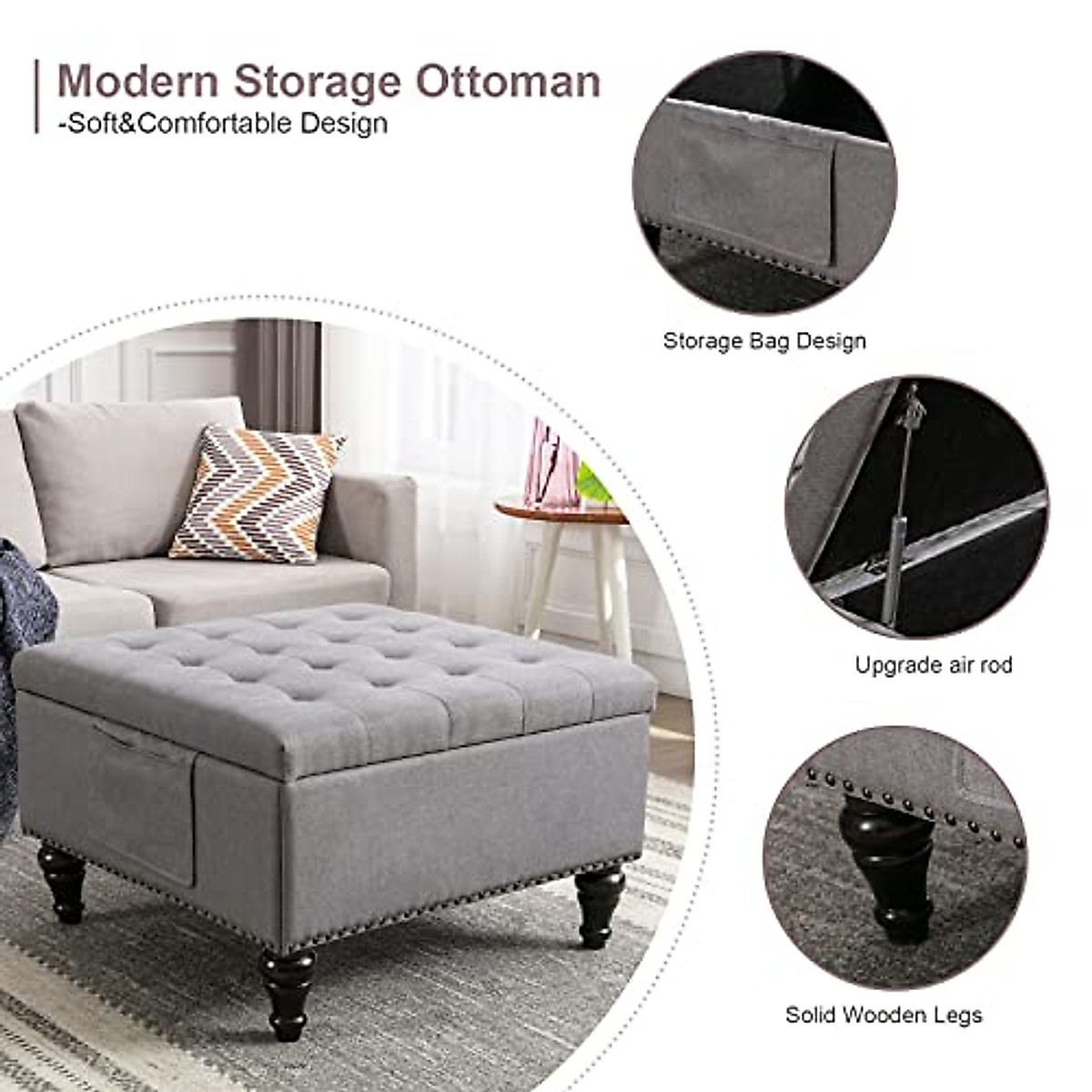 TTGIEET Ottoman, Wide Square Storage Coffee Table Upholstered Tufted Linen Fabric Bench with Large Oversized Foot Rest for Living Room Bedroom (Grey)