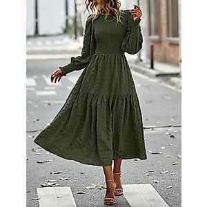 PRETTYGARDEN Women 2024 Puff Long Sleeve Crewneck Smocked Maxi Dress Solid Empire Waist Tiered A-line Swing Flowy Long Dress(Army Green,X-Large)