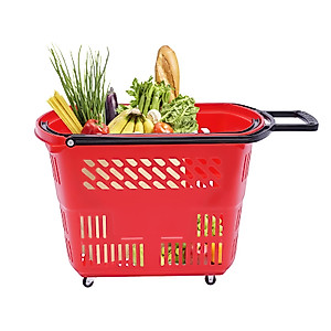 6PCS Shopping Carts with Wheels and Handle, Plastic Shopping Basket Red 35L, Portable Rolling Shopping Basket Set in Supermarkets and Retail Stores Laundries