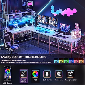 Unikito Modern Reversible L-Shaped Desk with Hutch, 60"W x 60"D x 72"H, 3 Desktops, RGB LED Strip Lights, Smart App Control, Monitor Stand, 4 Power Outlets, 2 USB Charging Ports, Grid Design